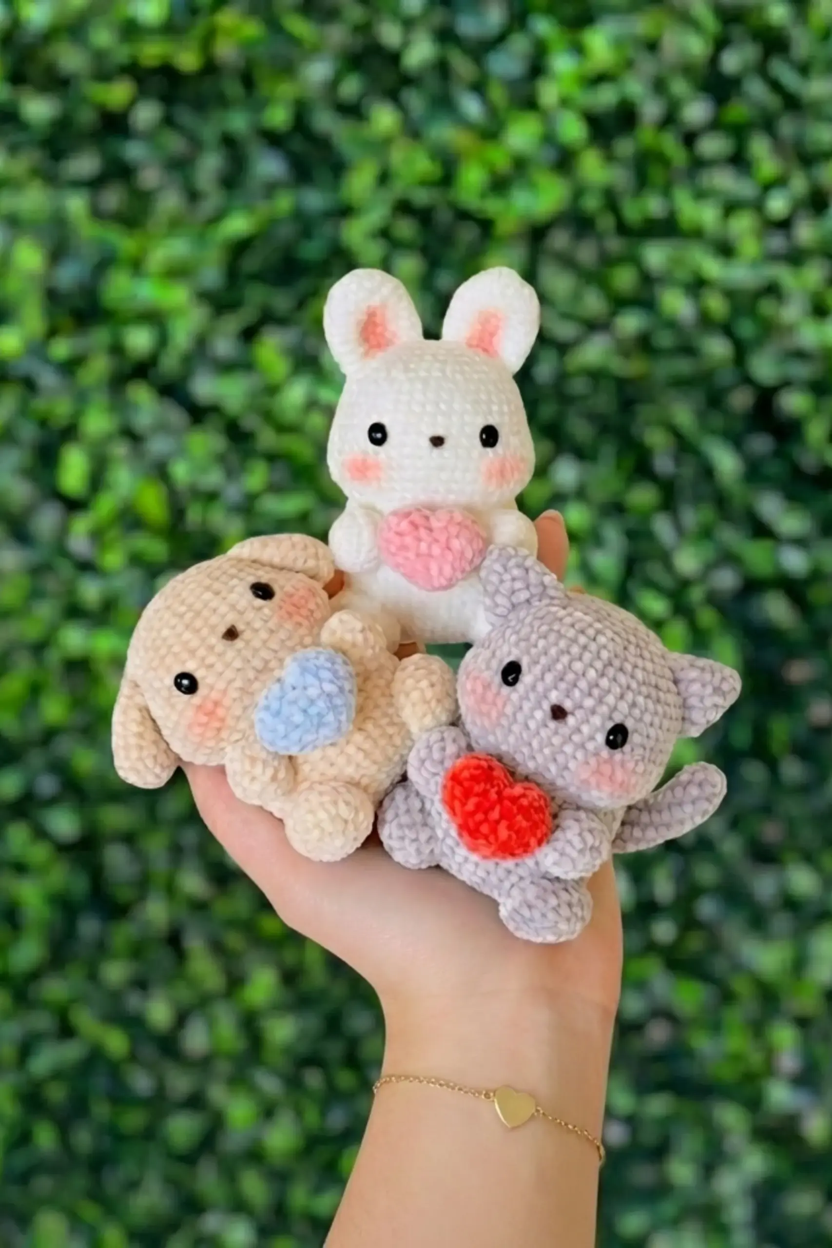 3-in-1 Amigurumi Animal Pattern: Cat, Dog & Rabbit with Hearts
